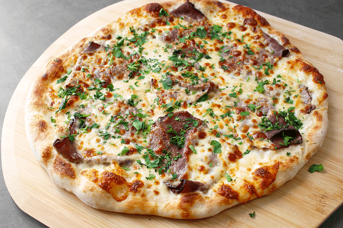 Roast Beef Pizza with Horseradish Sauce, Provolone, and Au Jus